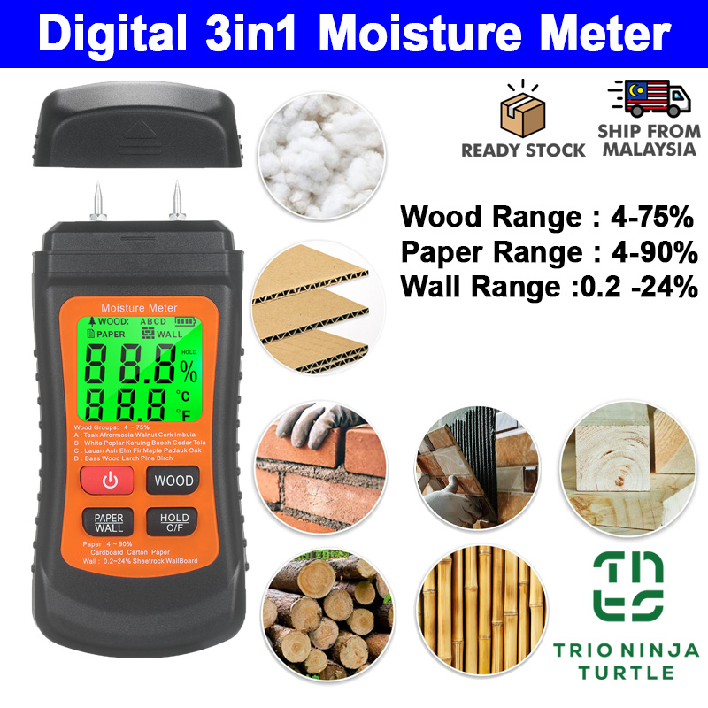 Digital 3in1 Moisture Meter Wood/Paper/Wall Mode Measure Temperature ...