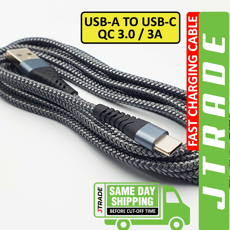 USB A To USB Type C Cable 3A Qualcomm 3.0 QC Quick Fast Charging 480Mbps Nylon Braided JTRADE ...