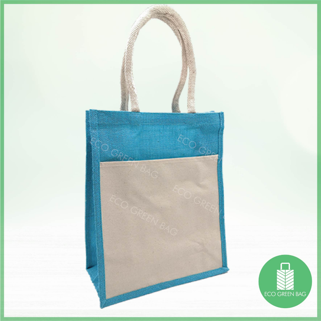 Jute Bag Medium with Laminated Canvas Pocket A4 Beg Jute Medium dengan ...