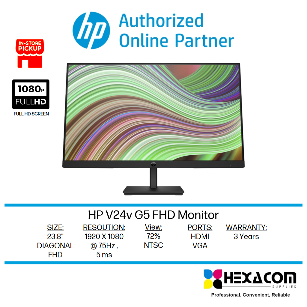 HP V24v G5 FHD Monitor (23.8"/FULL HD/HDMI&VGA PORTS/75HZ/5MS) 65P63AA ...