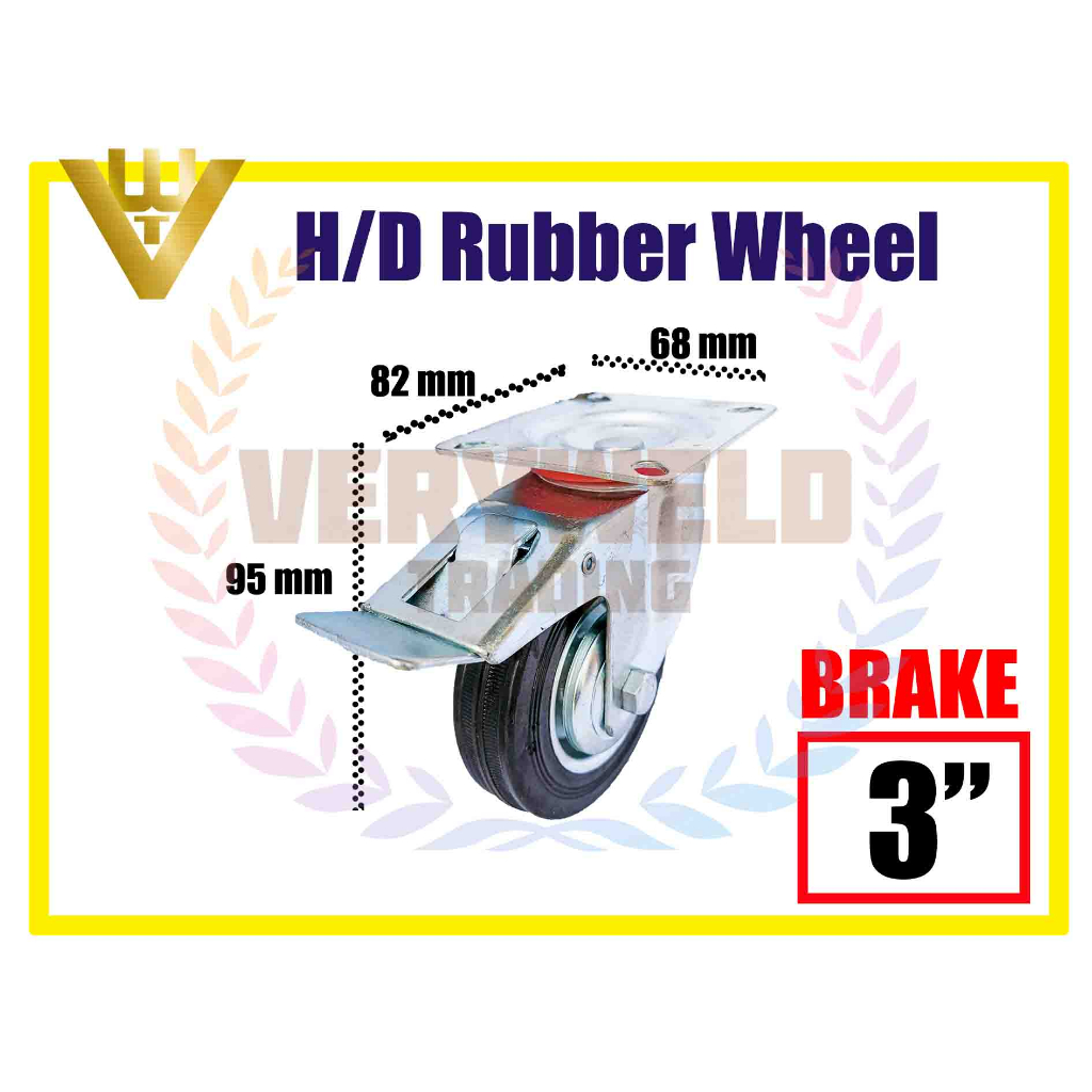 VERYWELD 75mm / 3" Heavy Duty Black Rubber Wheel Swivel / Rigid / Brake ...