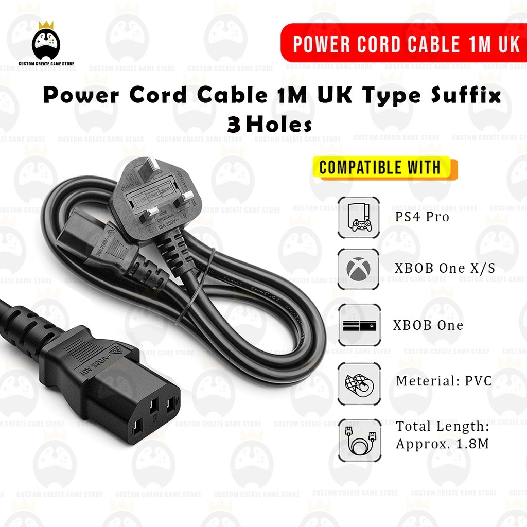 Power Cord Cable 1M UK TYPE Suffix 3 Holes [Xbox360 PS4 Pro Xbox One SX ...