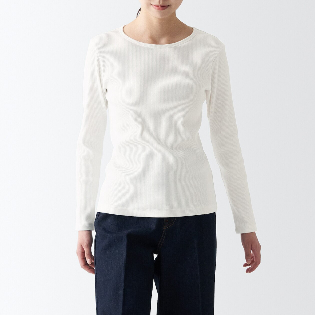 MUJI Ladies Stretch Ribbed Crew Neck Long Sleeve T-Shirt | Shopee Malaysia
