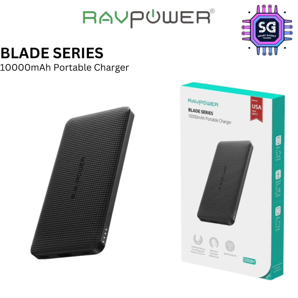 RAVPower Slim Powerbank PD QC 3.0 Portable Charger - Black (10000mAh ...