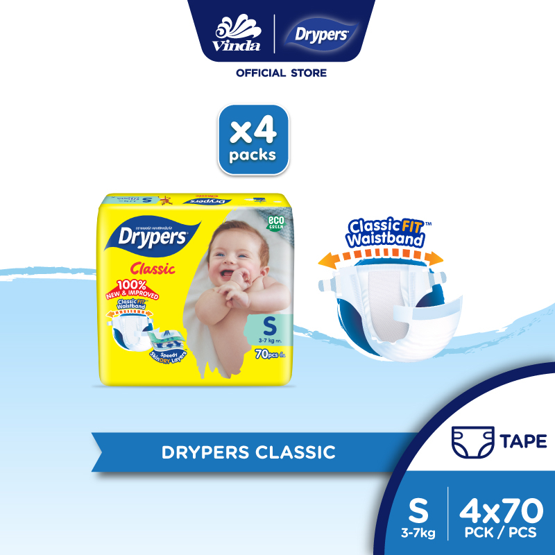 Drypers Classic Baby Diapers NB78/ S70/ M54/ L50/ XL44/ XXL40 (4 Packs ...