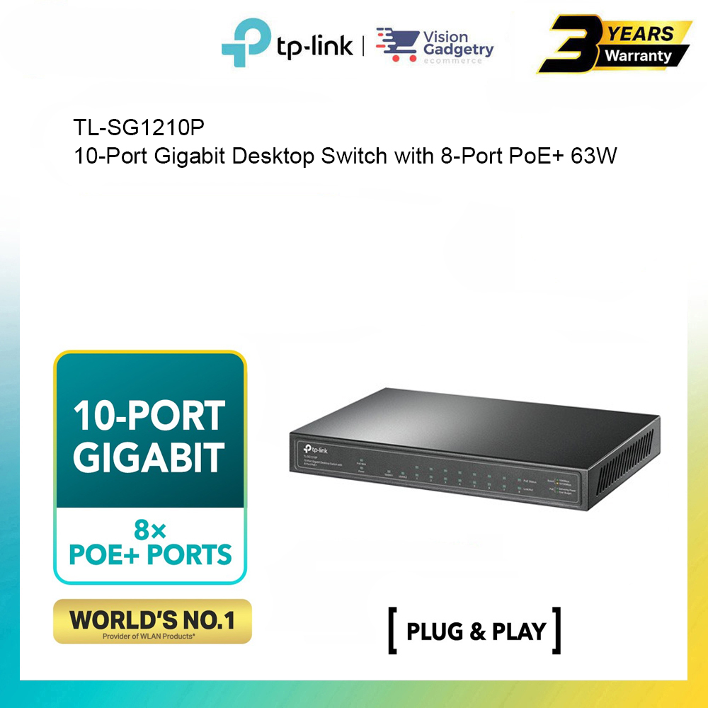 TP-Link TL-SG1210P 10-Port Gigabit Desktop Switch with 8-Port PoE+ 63W ...