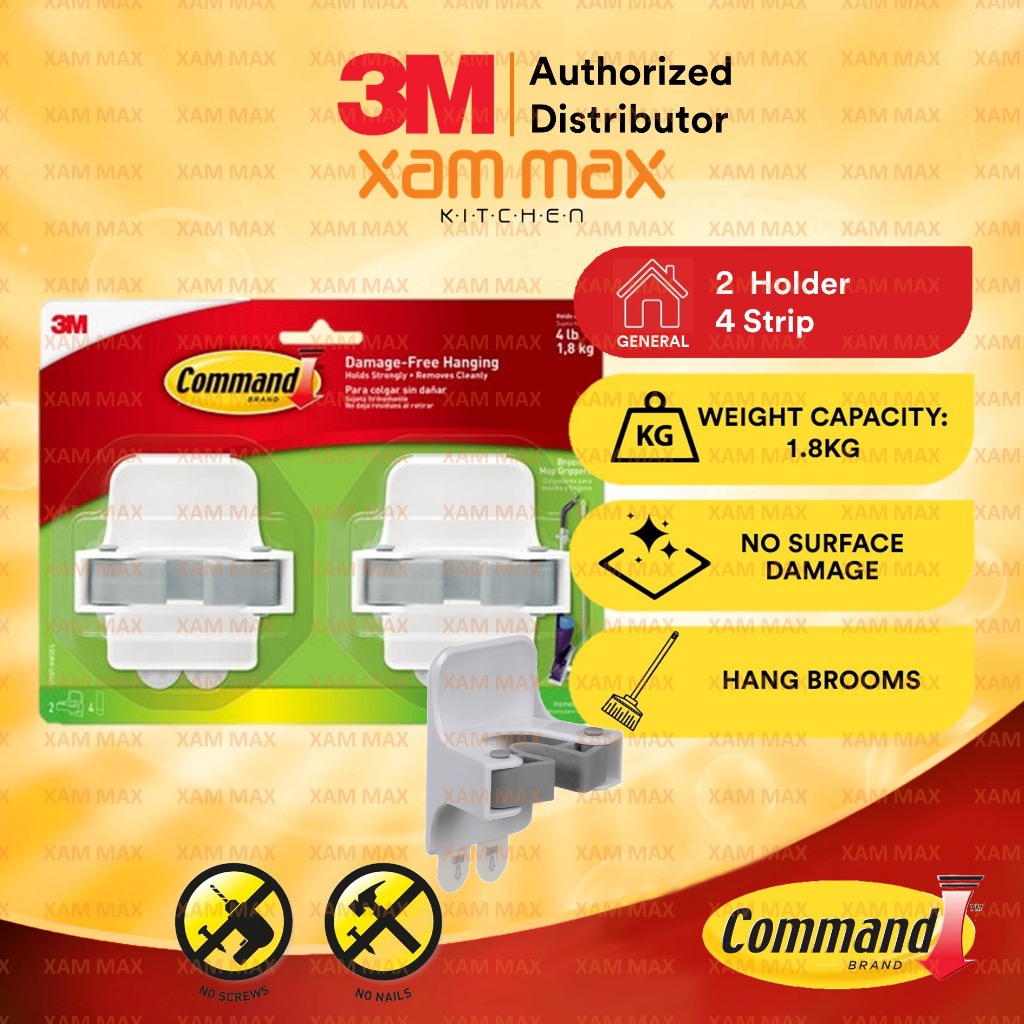 3M Command - 17007 Broom Gripper / Twin Pack / Wall Mounted Mop Holder ...