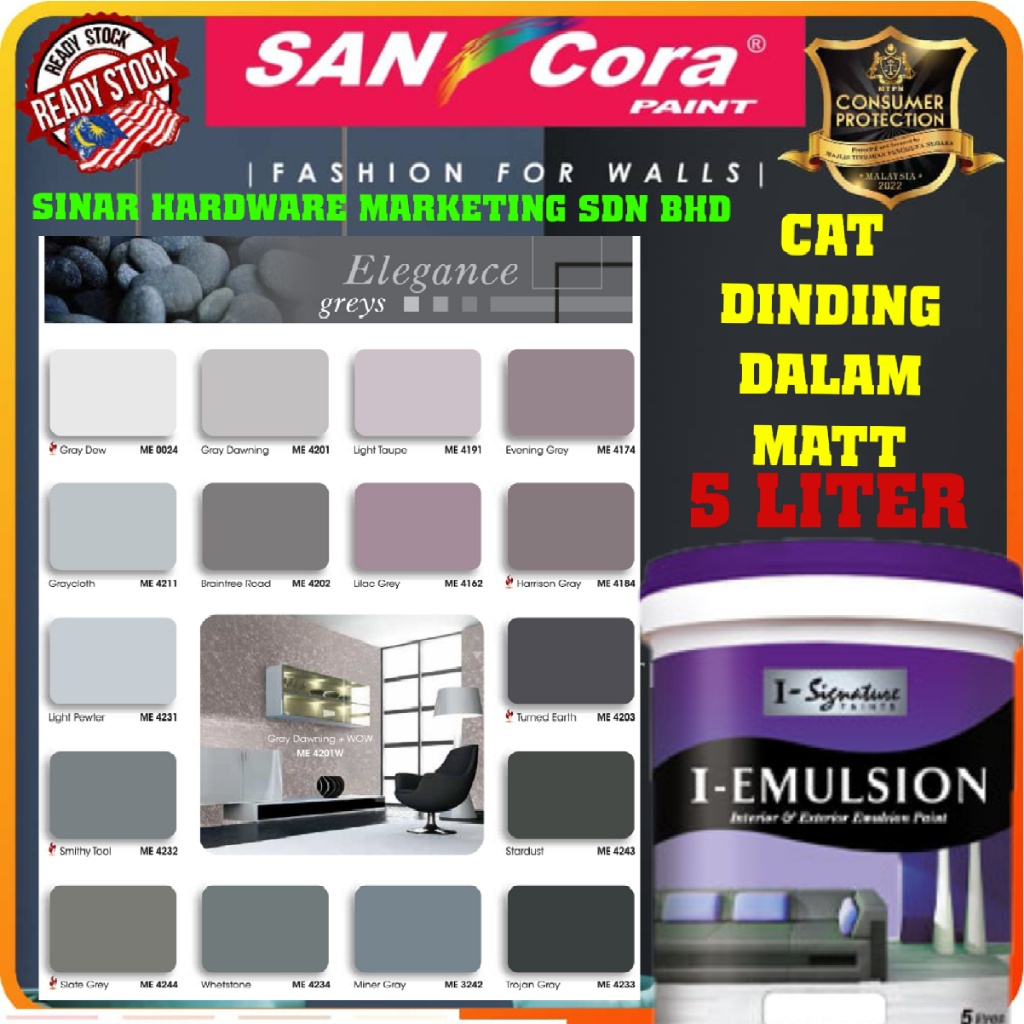 SINAR SANCORA I-EMULSION PAINT 5 LITER ELEGANCE GREY INTERIOR WALL MATT/ CAT DINDING DALAM RUMAH ...