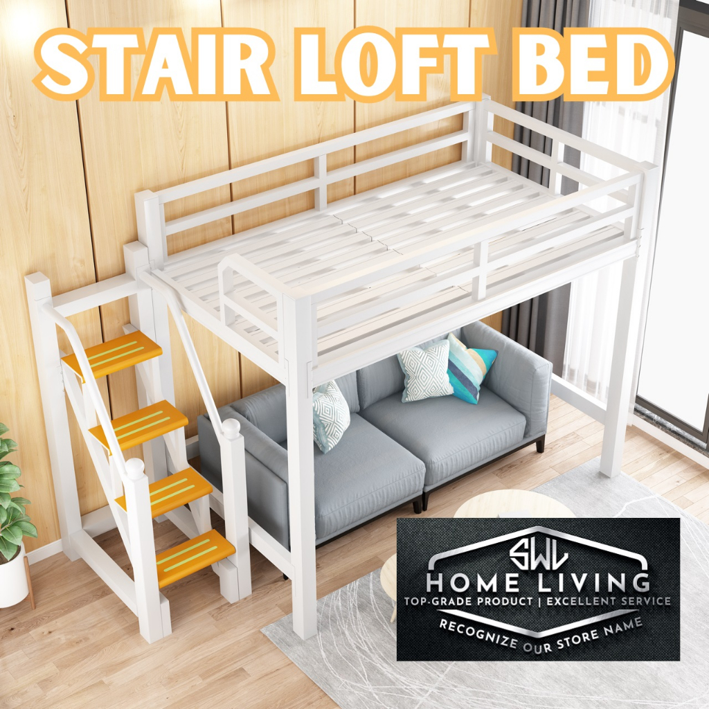 Katil Loteng Modern Queen Sturdy Loft Bed Frame With Walking Stair ...