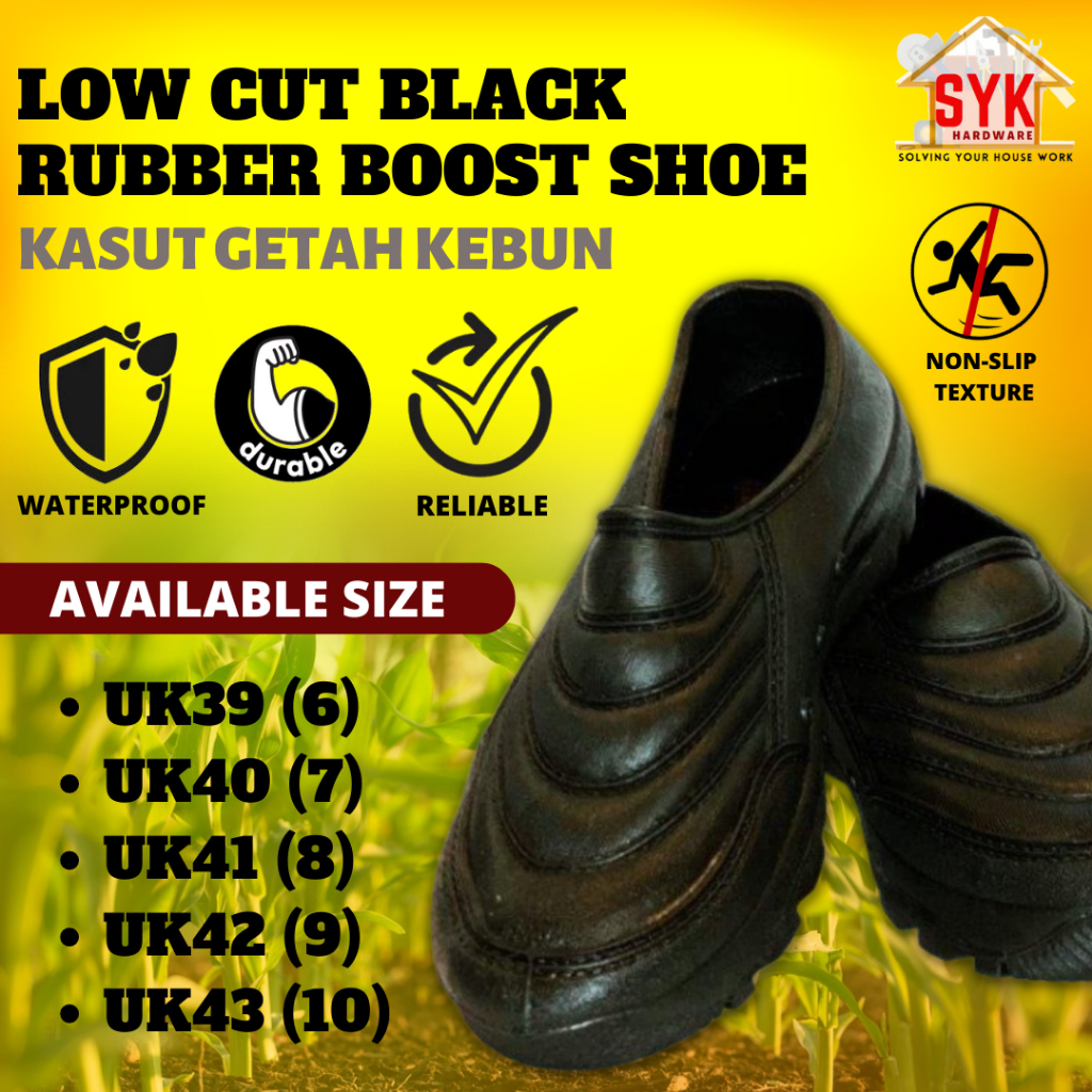 SYK Anti Slip Waterproof Low Cut Black Rubber Boots Shoes Kasut Getah ...