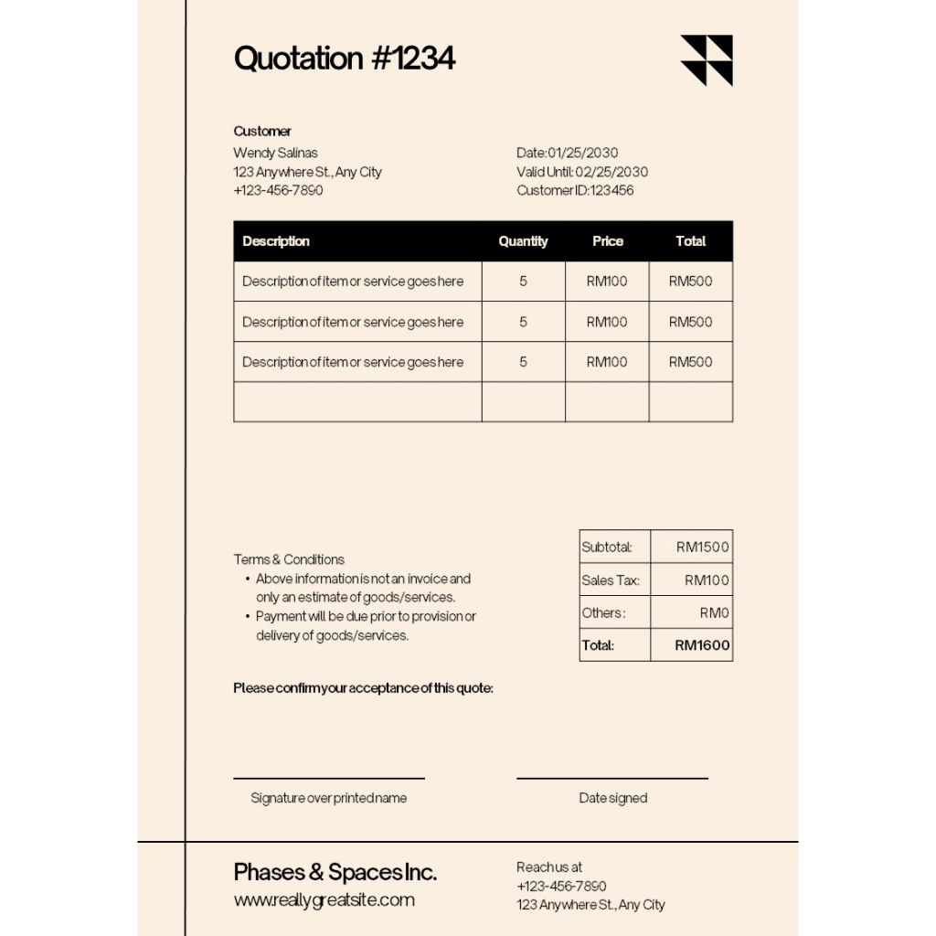 QUOTATION TEMPLATE [EDITABLE] Price Quotation Document in Cream Black ...