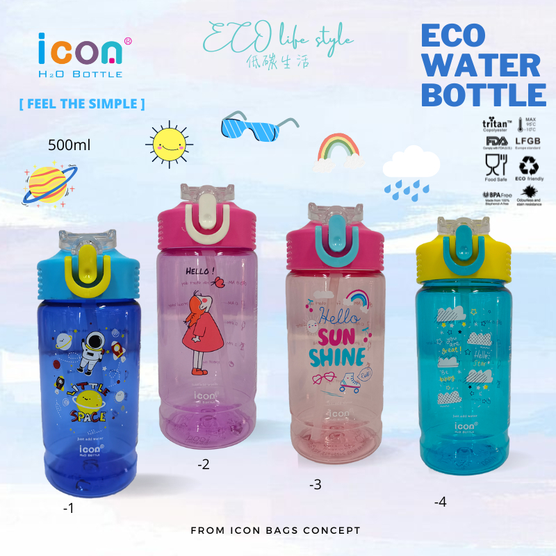 ICON Water Bottle 500ml PCTG BPA free with flip-up lock Dust free cover ...
