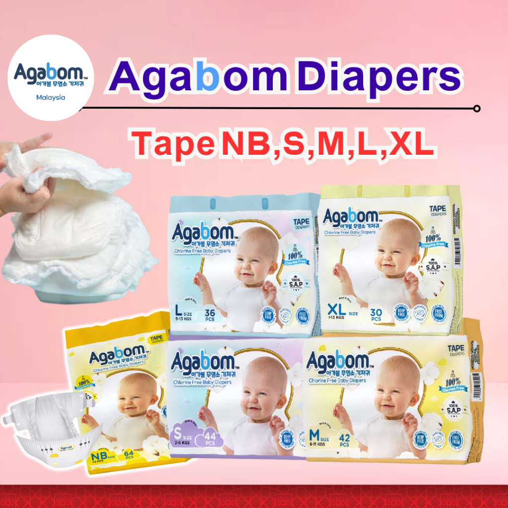 Agabom Tape Diapers NB/S/M/L/XL Chlorine-free Baby Diaper | Lampin Bayi ...