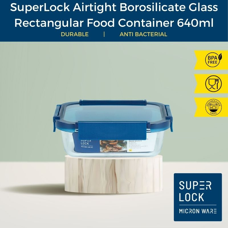 SuperLock Airtight Borosilicate Glass Rectangular Food Container (640ml ...