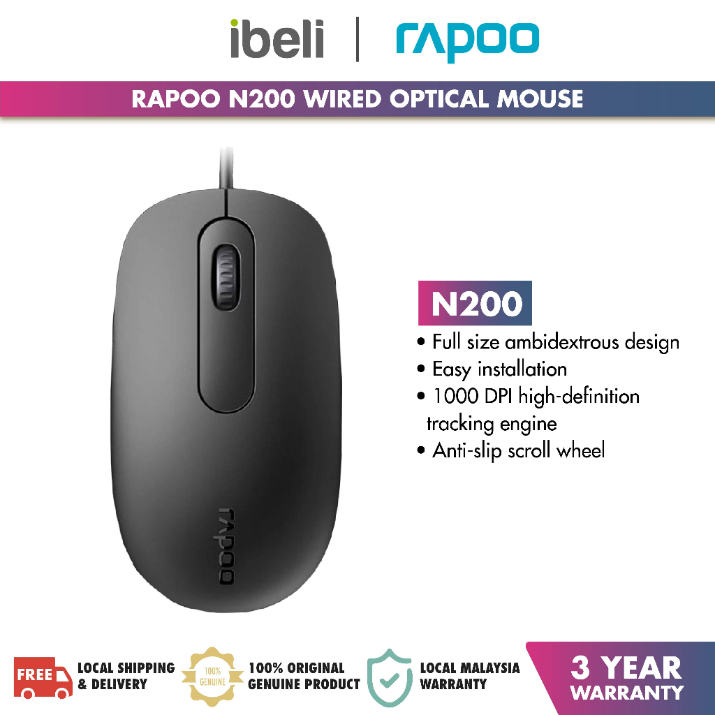 Rapoo N200 Wired Optical Mouse Black - 3 Years Warranty | Shopee Malaysia