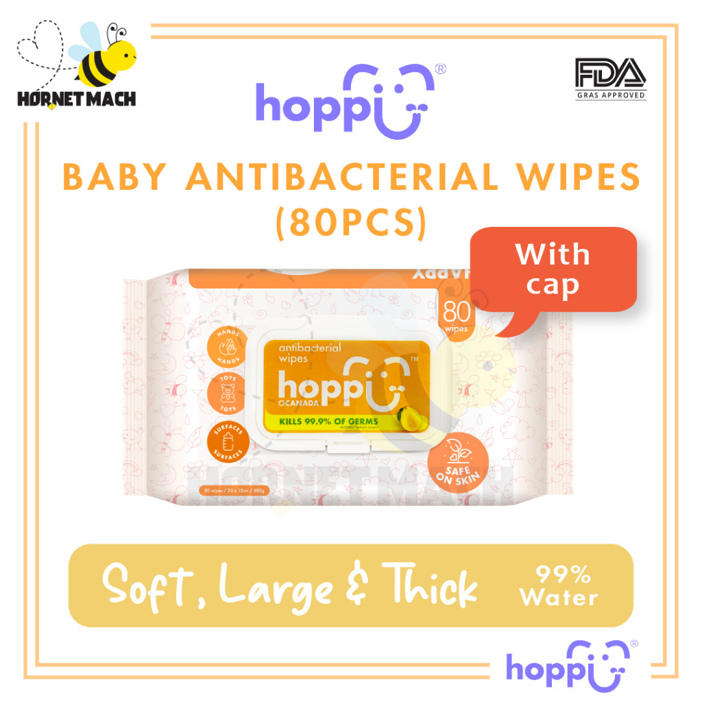 Hoppi Baby Antibacterial Wipes (20 Wipes/80 Wipes with Cap) | Shopee ...