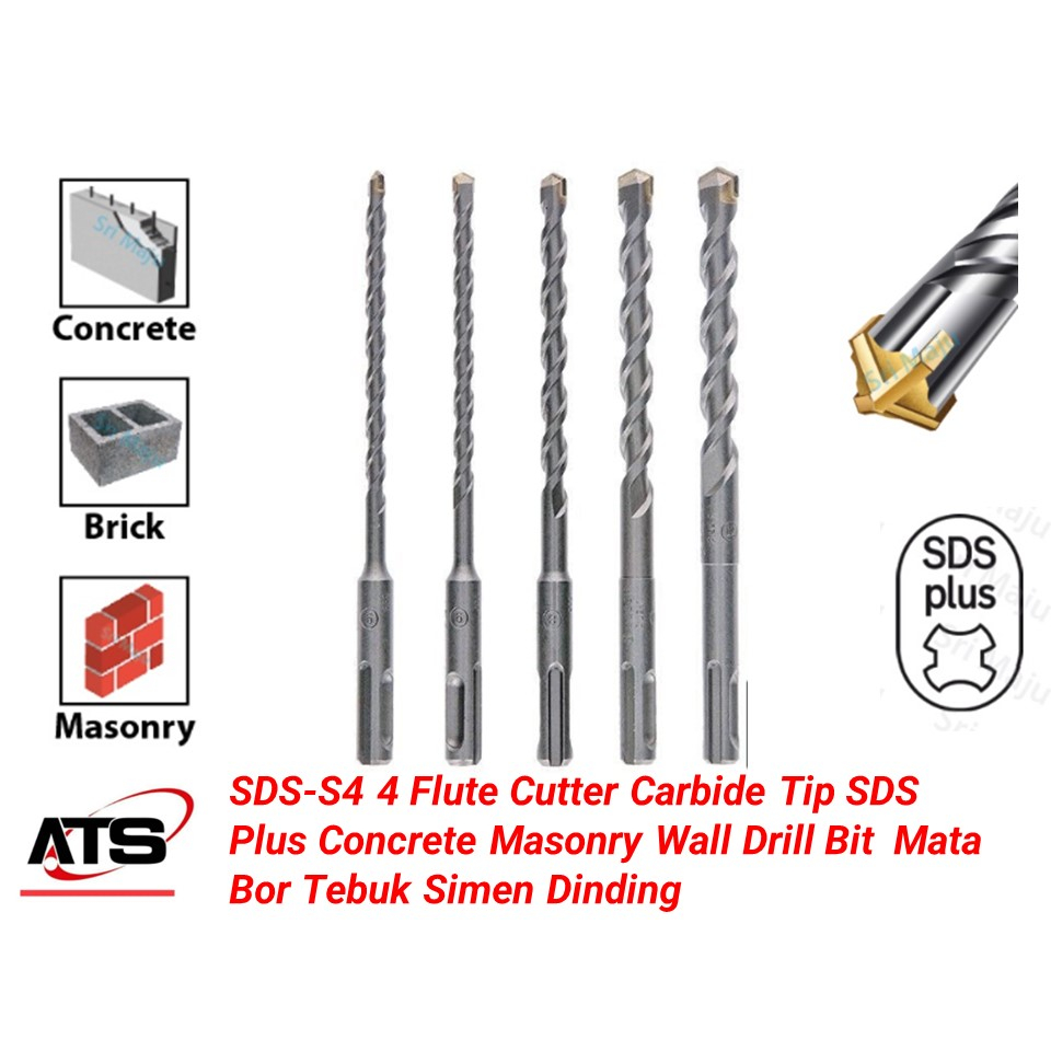 SDS-S4 4 Flute Cutter Carbide Tip SDS Plus Concrete Masonry Wall Drill ...