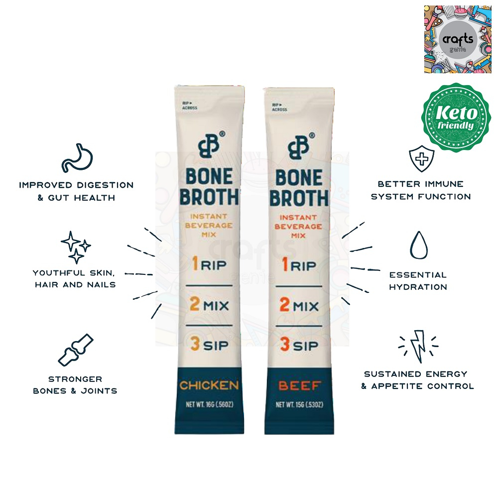 BARE BONES Keto Bone Broth Instant Powdered Mix, Chicken/Beef 15g 1 ...