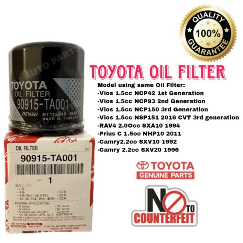 Toyota Genuine Oil Filter 90915-TA001 for RAV4, Prius C, Vios, Camry ...