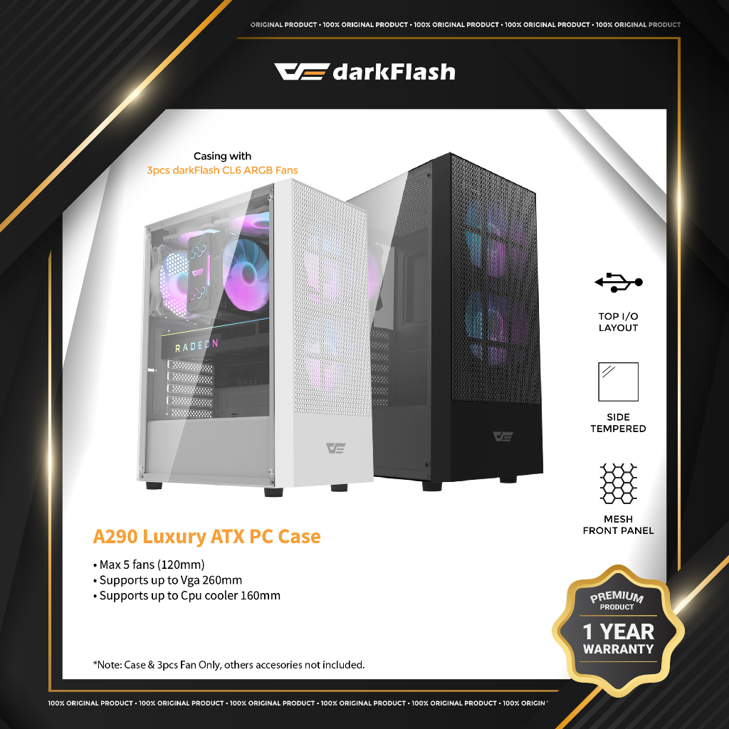 darkflash A290 Dexterous ATX Casing (with 3pcs CL6 aRGB fans) | Shopee ...
