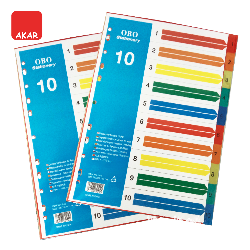 Pembahagi Fail Tab A4 OBO – 10 Warna | OBO A4 Size Index Divider – 10 ...