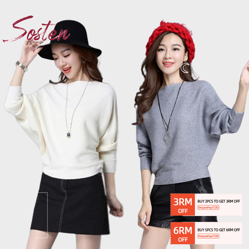【READY STOCK】ST245 Women's Bat Sleeve Sweater Loose Solid Color Single Collar Sweater Knitted ...
