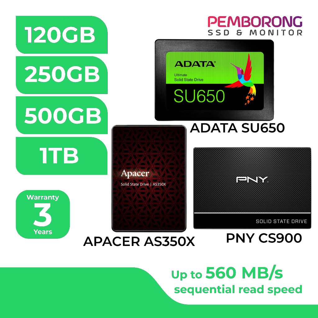 APACER AS350X / WD GREEN / WD BLUE SA510 / ADATA SU650 / PNY CS900 INT SATA 2.5 120GB 250GB ...