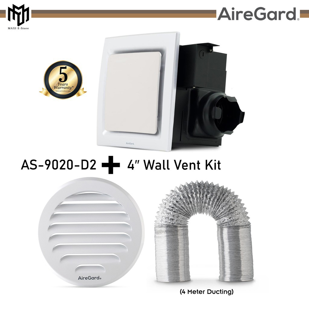 AireGard AS-6090 D2 Air Ventilation Exhaust Fan Square - White + 4M Wall Vent Ducting Kit ...