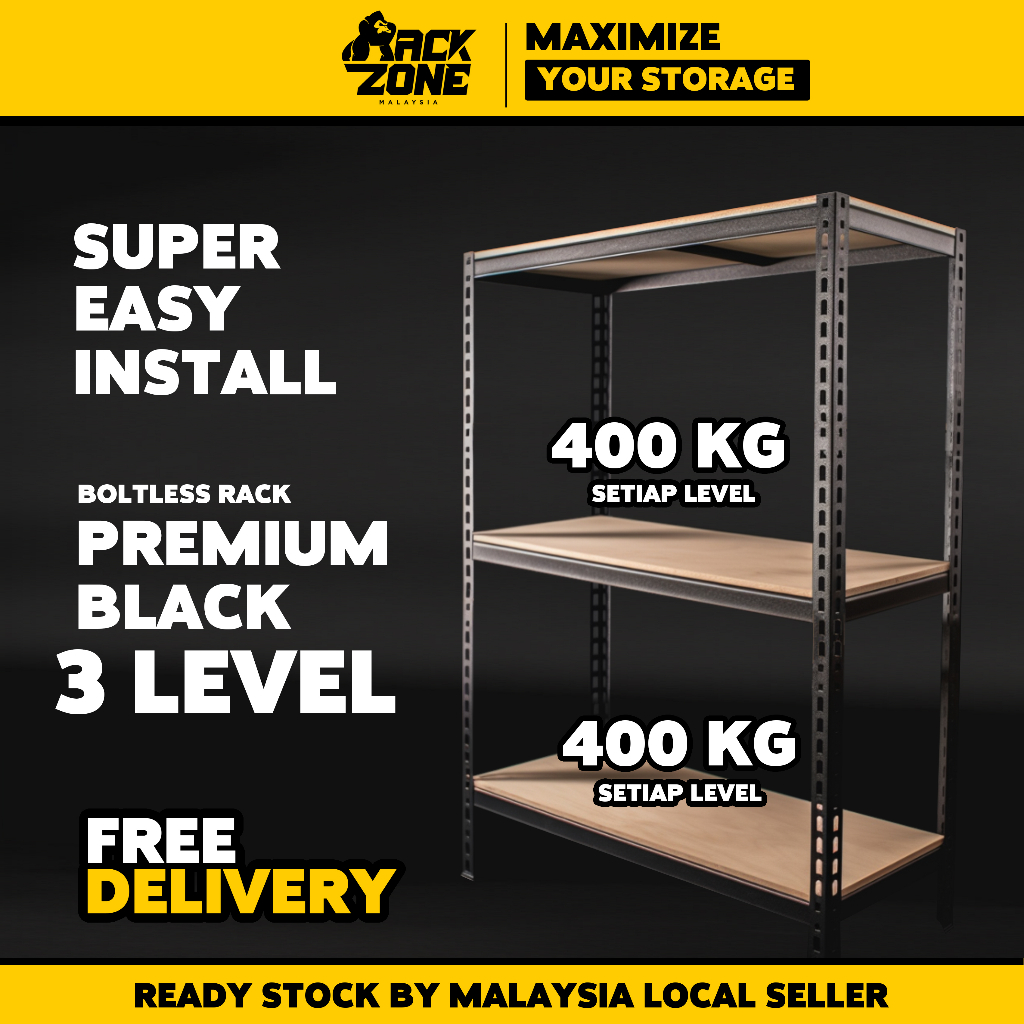 RACKZONE Black 3 Level Rak Boltless Rack Heavy Duty Rak Besi Bertingkat ...