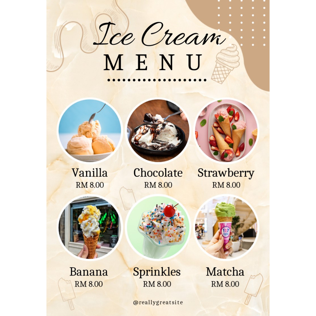 MENU PRICE LIST TEMPLATE [EDITABLE] Creamy Brown Minimalist Ice Cream ...
