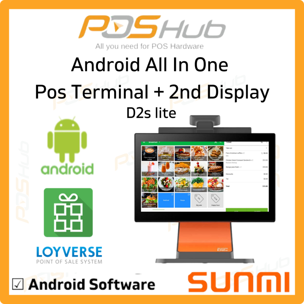SUNMI D2s LITE 15.6" Touchscreen POS Android Terminal + 10.1" Second Display with 58mm 80mm ...