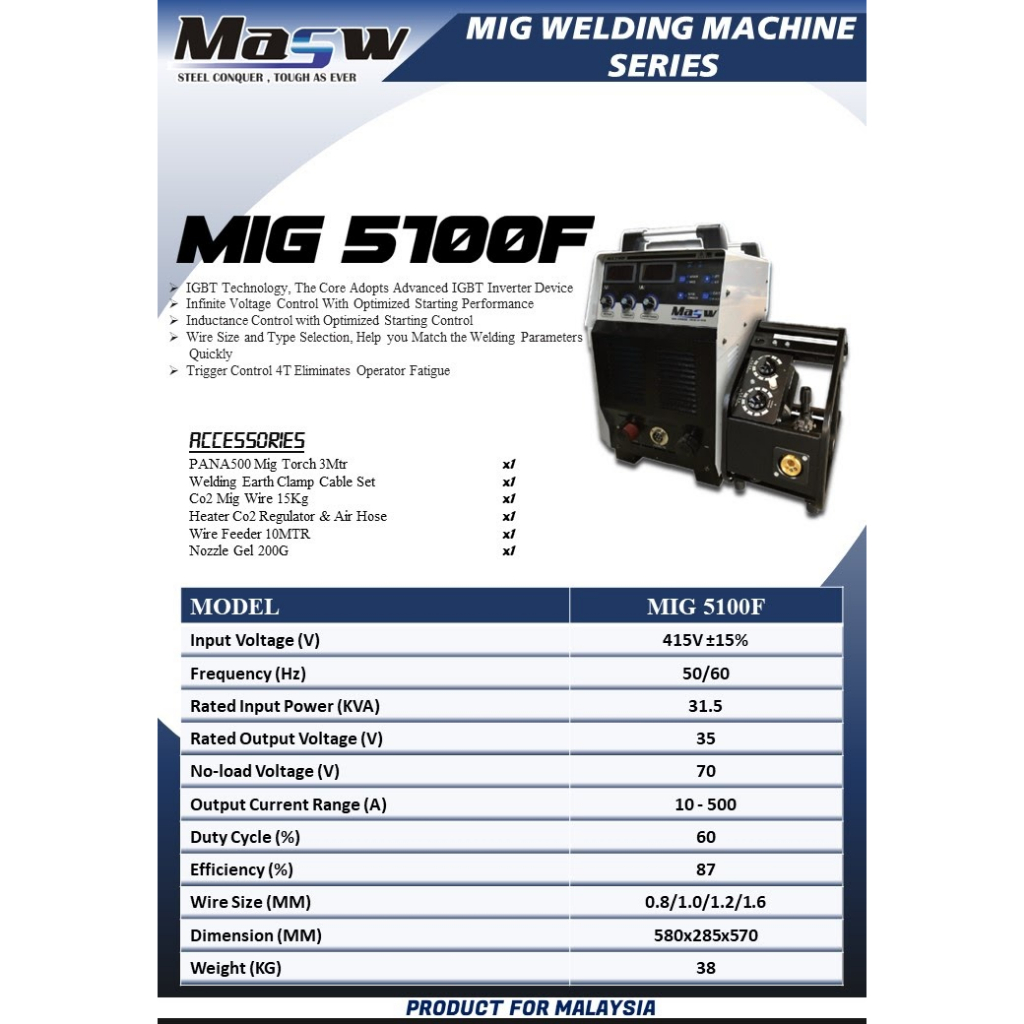MASW MIG 5100F MIG WELDING MACHINE 500AMP 415V 31.5KVA 38KG Advanced ...