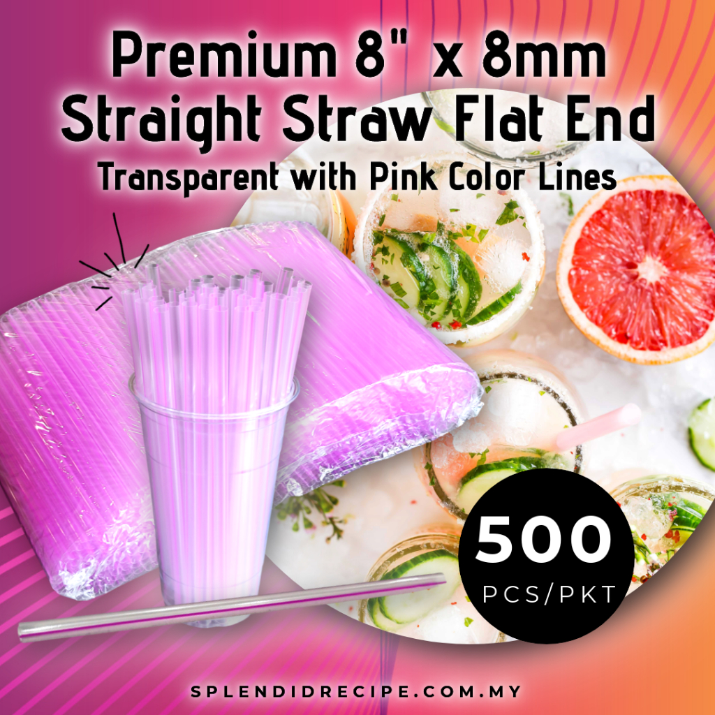 Premium 8" x 8mm Transparent with Pink Color Lines Straight Straw Flat ...