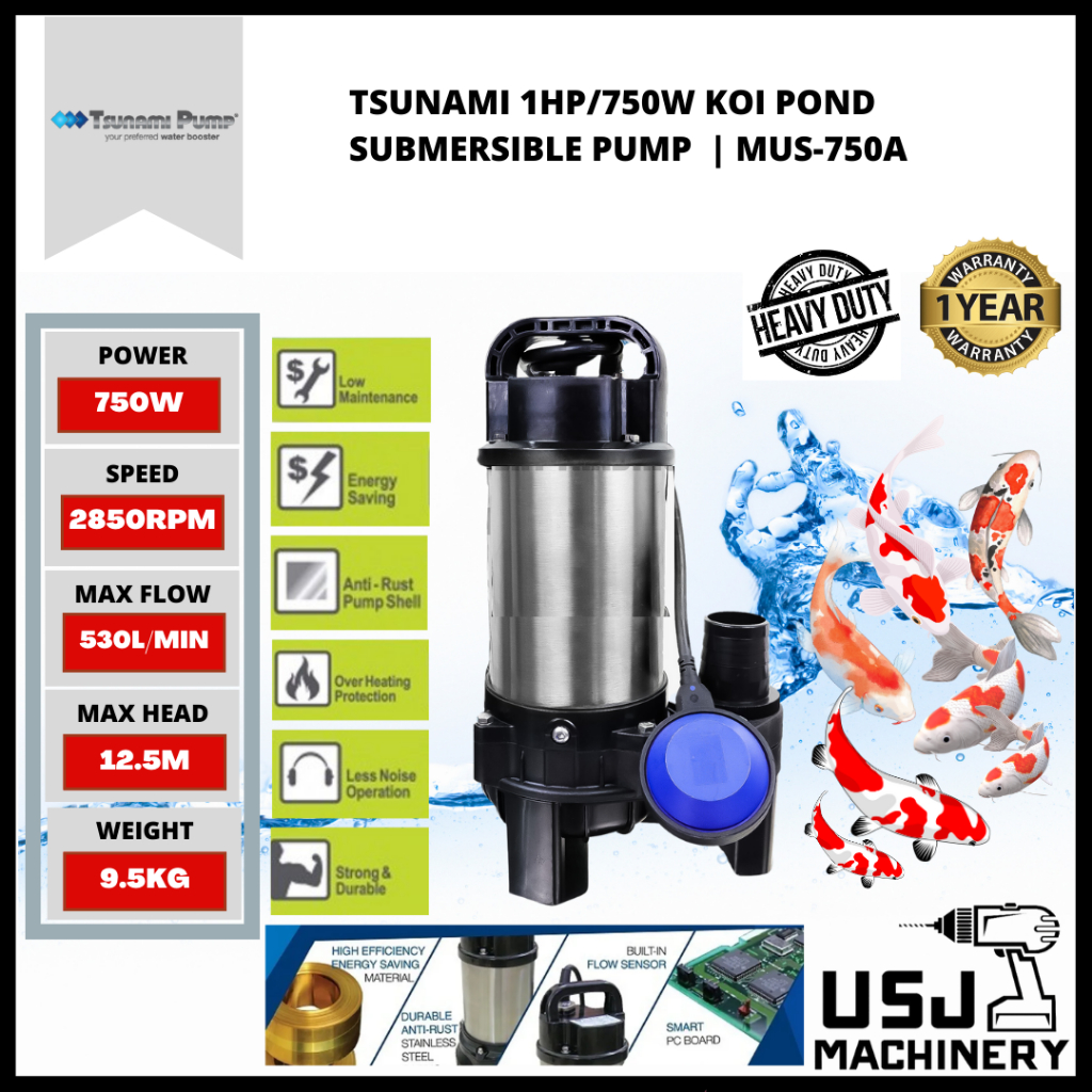 TSUNAMI 1HP/750W Koi Pond Submersible Pump MUS-750A - With Float Switch ...