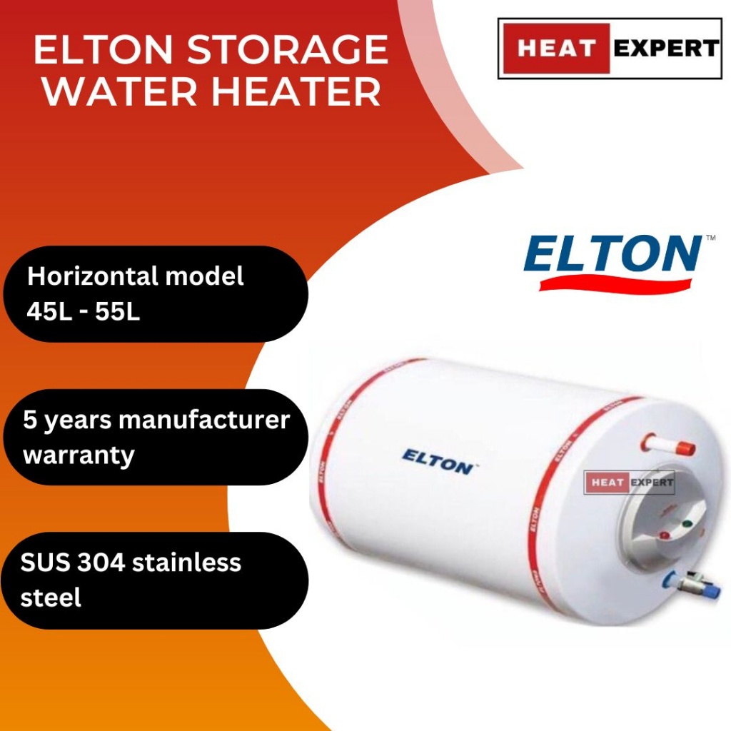 ELTON Horizontal Electronic Storage Water Heater 45L (10Gals) - 55L (12Gals) with stainless ...