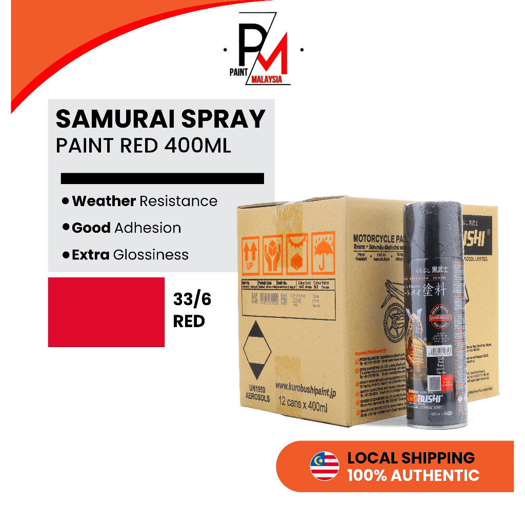 SAMURAI Spray Paint Red (33) Colour Paint 400ML (12 Cans/Box) Spray ...