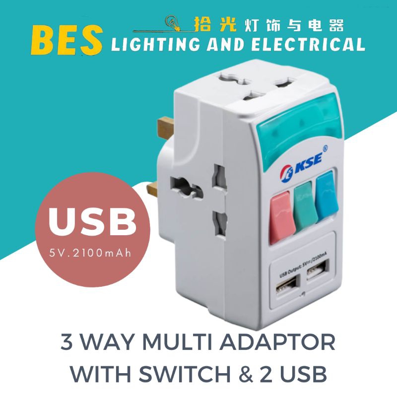 3 Way Multi Adaptor with Switch & 2 USB | Shopee Malaysia
