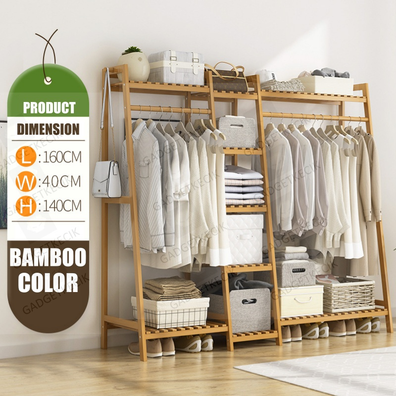 Almari Rak Baju JENIS BULUH Bamboo Clothes Drying wooden Rack with Hook ...