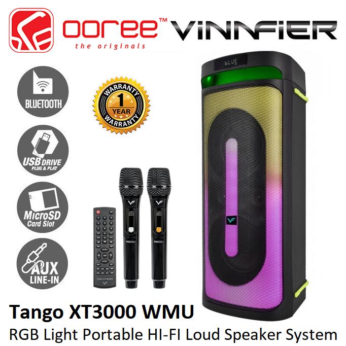 VINNFIER TANGO XT3000 WMU PORTABLE HI-FI LOUD SPEAKER WITH 2 WIRELESS MIC, MASTER+ MIC VOLUME ...