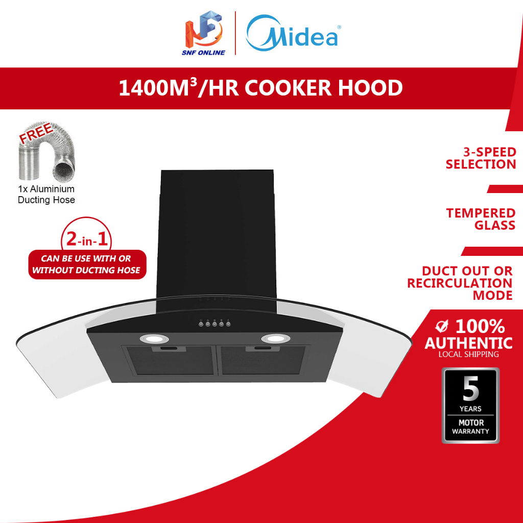 Midea Hud Dapur Kaca Melengkung - Cooker Hood Curve Glass (90cm/1400m³ ...