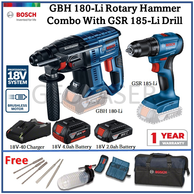 Bosch 18v Cordless Combo Gbh 180 Li Rotary Hammer With Gsr 185 Li