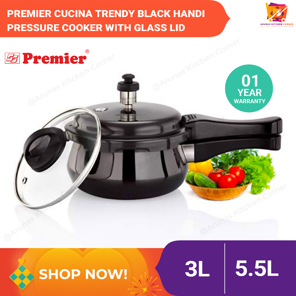 Premier Cucina Trendy Black Handi Pressure Cooker with Glass Lid ...