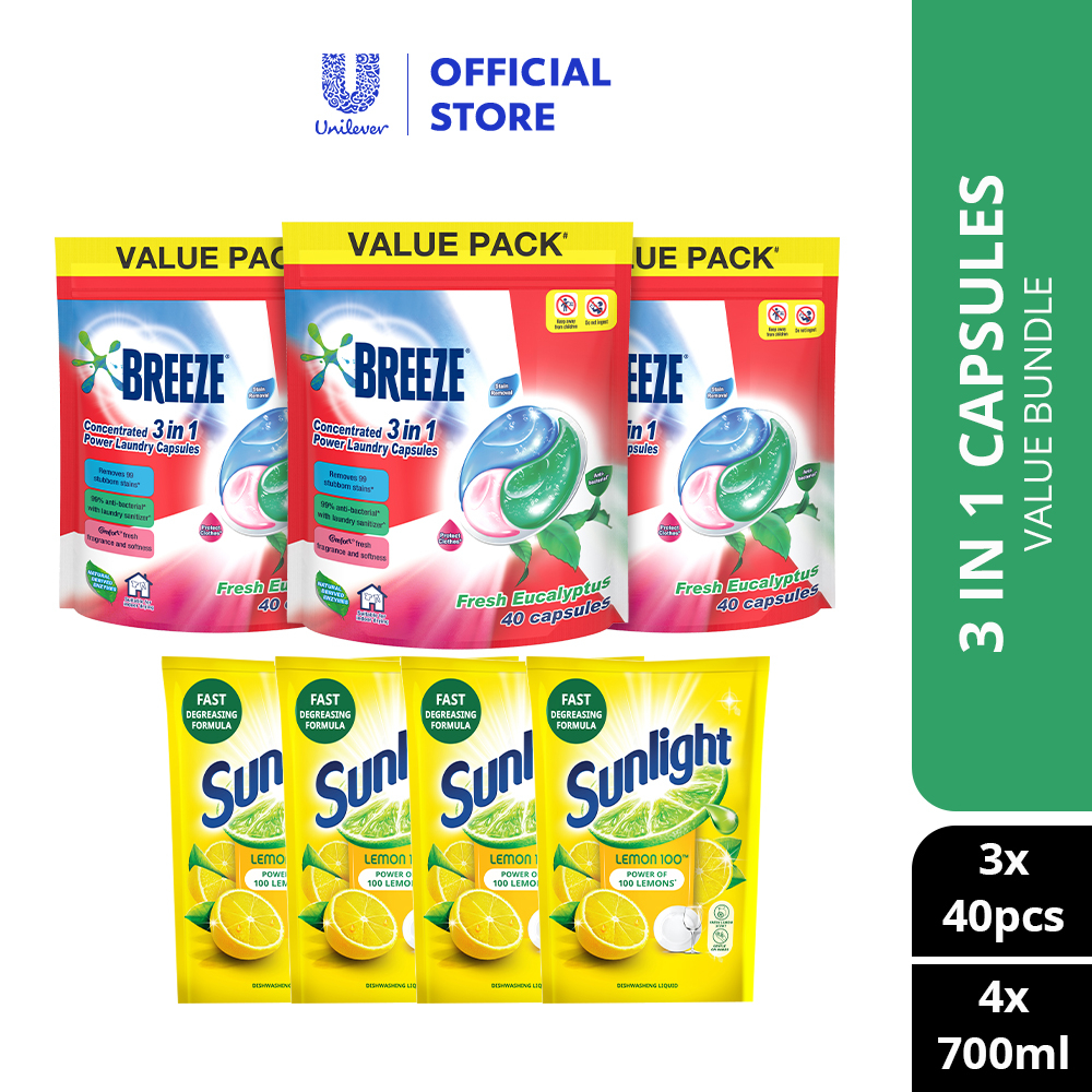 [Bundle] Breeze 3in1 Capsules Pouch Fresh Eucalyptus 420g x3 + Sunlight Dishwash Liquid Refill ...