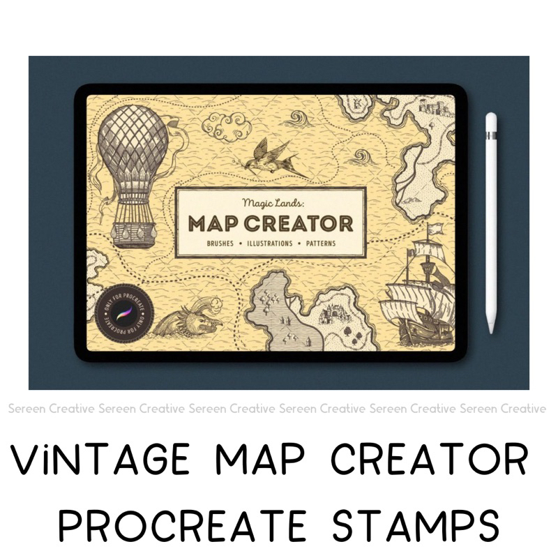 P429 Vintage Map Creator Procreate Brushes (Sky object, border stamp, continent island, seamless ...