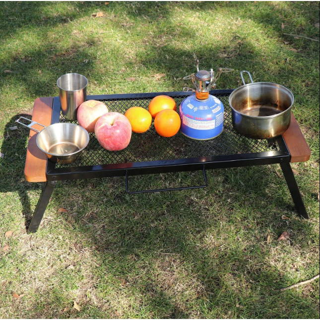 Camping Wood Iron Mesh Foldable BBQ Grill Camping Rack Stackable Picnic ...