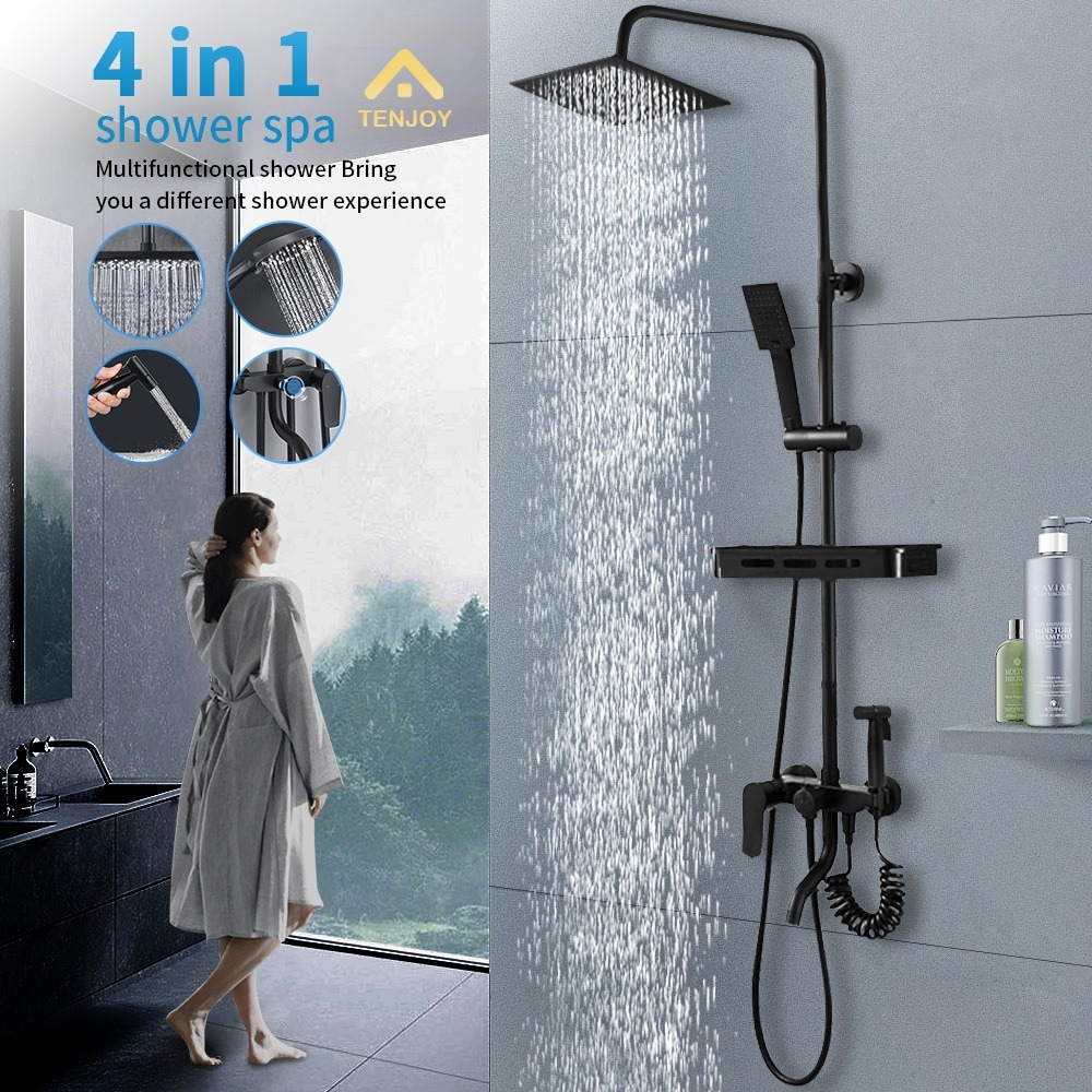 4 IN 1 Square Shower Head Bathroom Set Stainless Steel Black High Wall ...