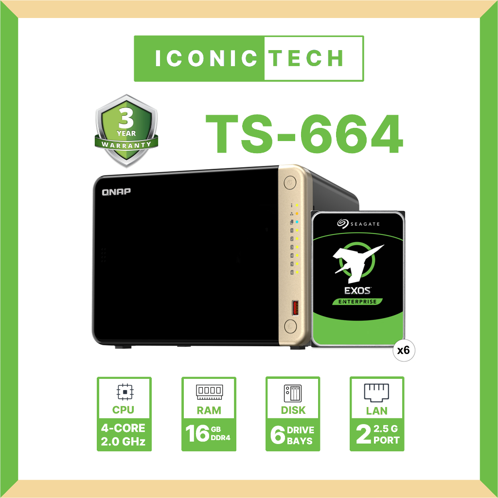 QNAP TS-664-16G 0TB ~ 120TB Seagate Exos Enterprise DATA Center Hard Drive NAS Enclosure kIts ...