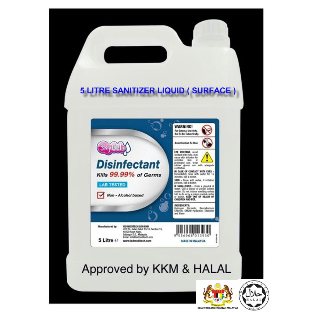 KKM & HALAL APPROVE : SANITISER SKYGEL SURFACE DISINFECTANT ( NON-ALCOHOL ) -- 5 LITER | Shopee ...