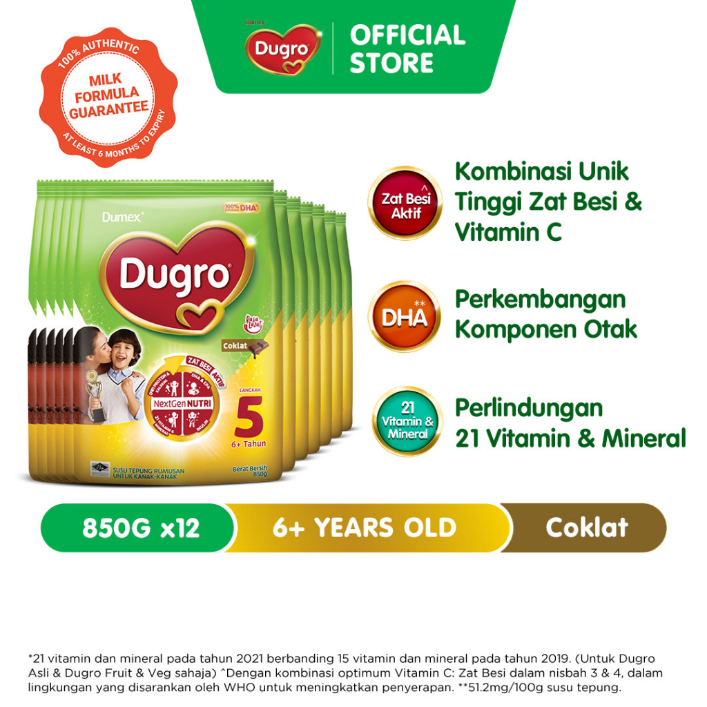 Dumex Dugro Step 5 Chocolate Growing Up Milk Formula 6+ years (850g x ...
