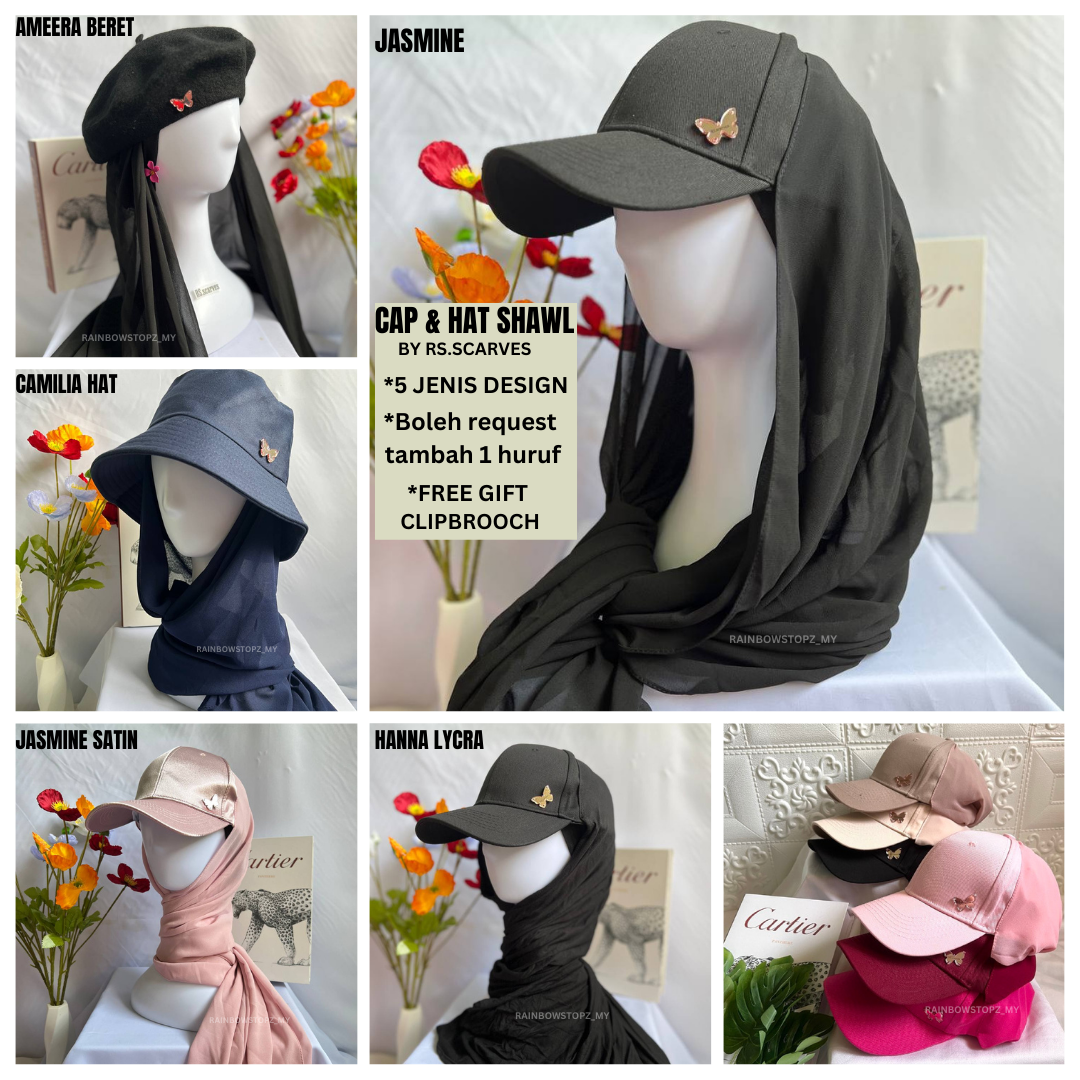 BOLEH LETAK HURUF di cap shawl bucket beret hat plain chiffon satin ...